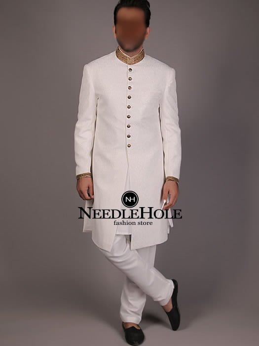 Pakistani sherwani with golden work in off white jamawar fabric