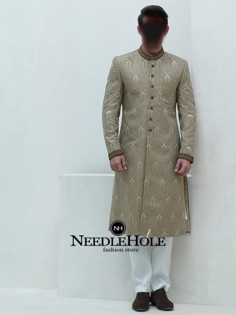 Neeta Lulla dull golden groom sherwani in jamawar fabric
