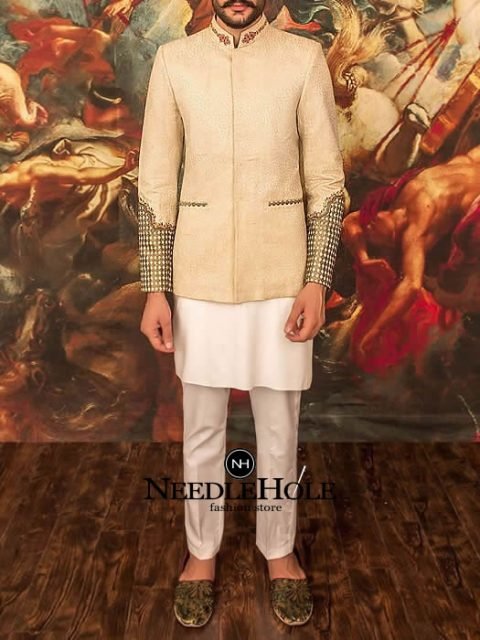 Sandeep Khosla light gold embroidered short length sherwani